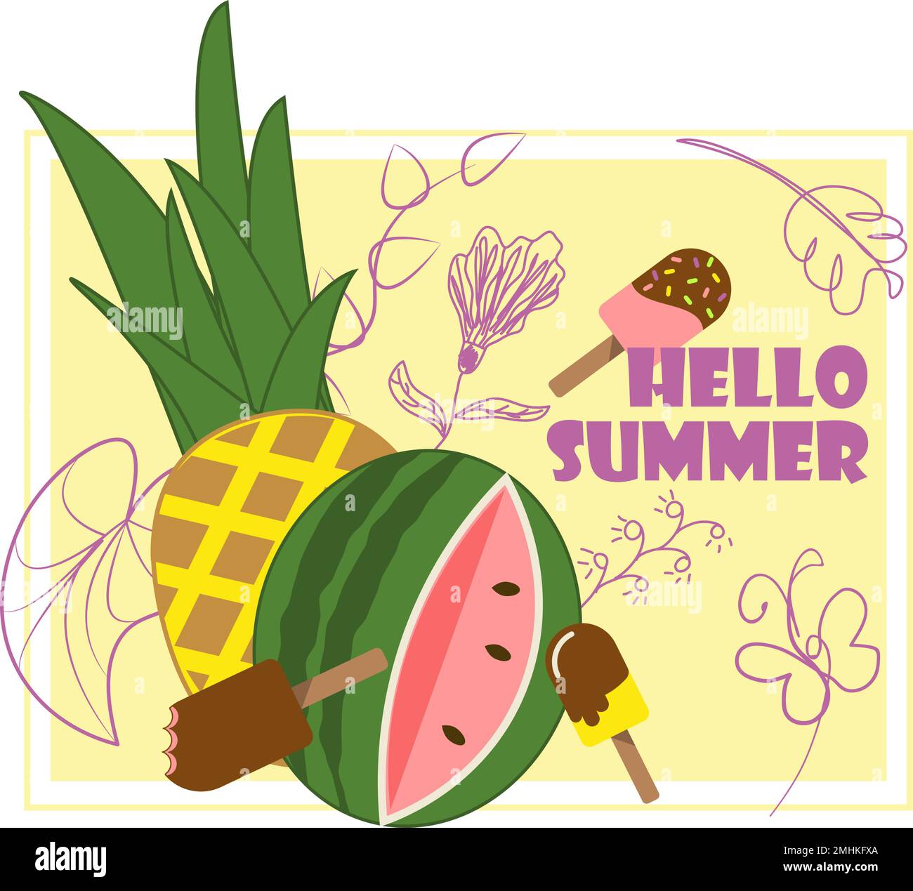Rectangular greeting card hello summer with pineapple and watermelon on ...