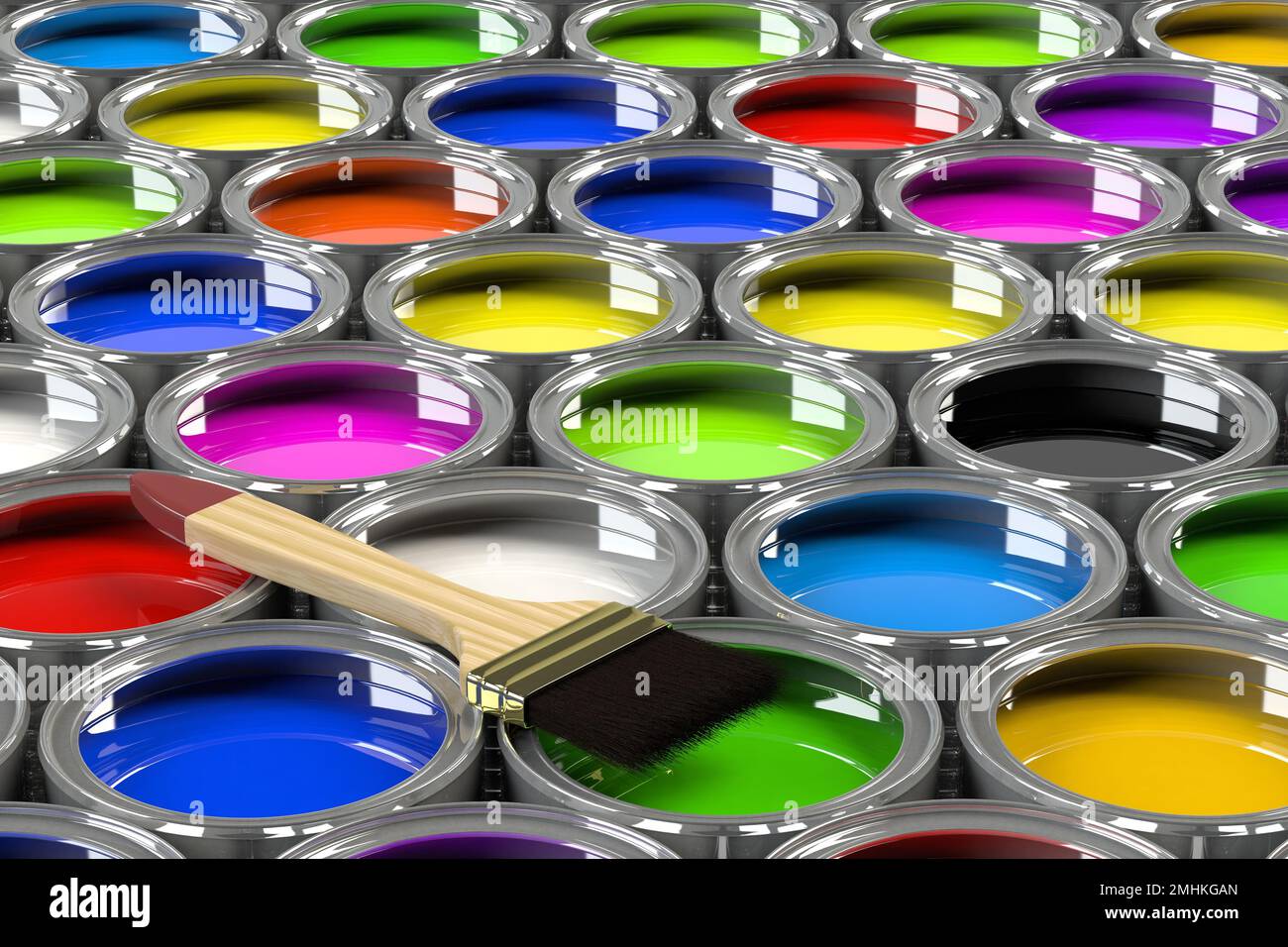 Multiple open paint cans with a brush Stock Photo - Alamy