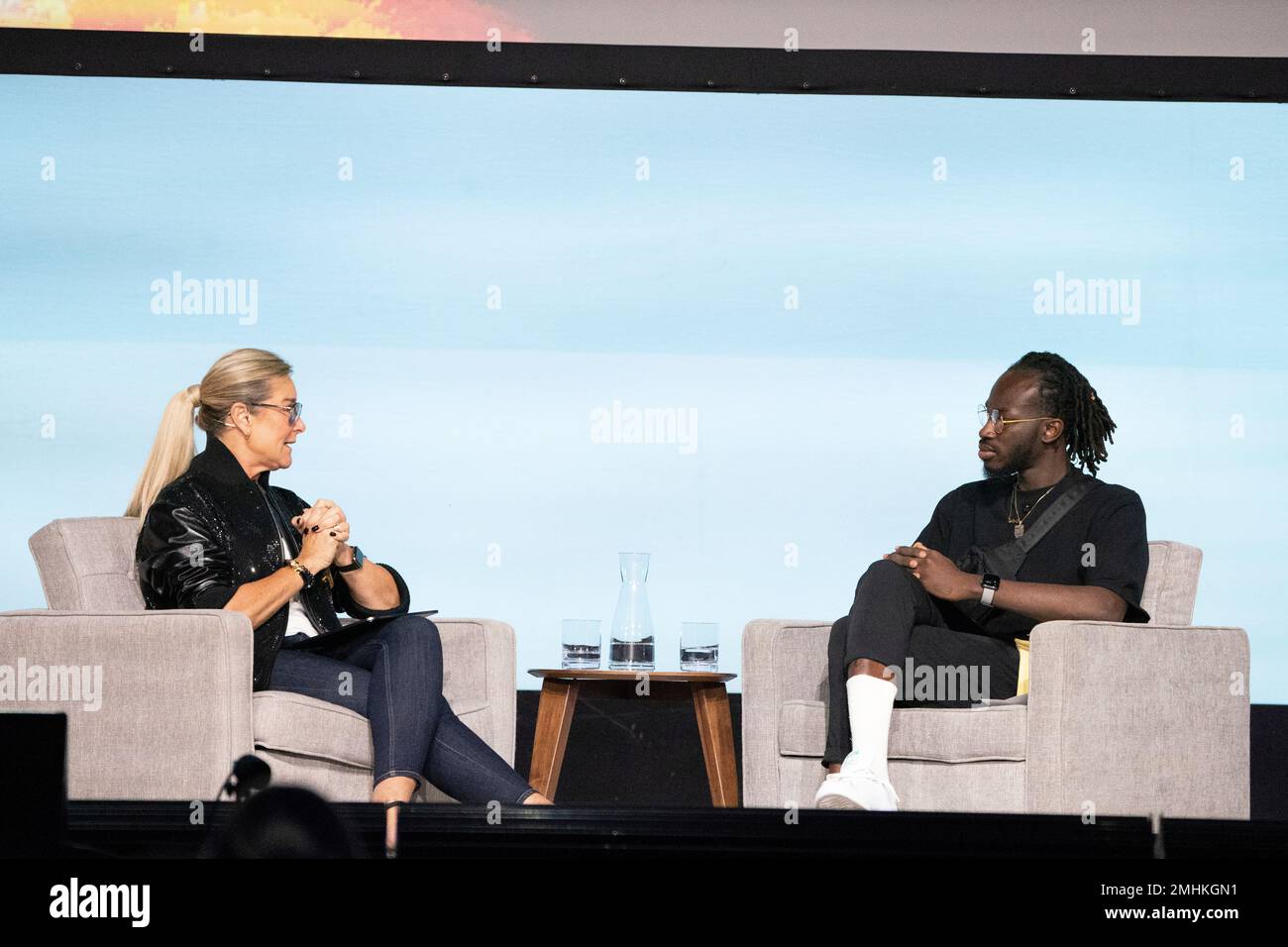 Angela Ahrendts, left, and Iddris Sandu seen on day two of Summit LA19 ...