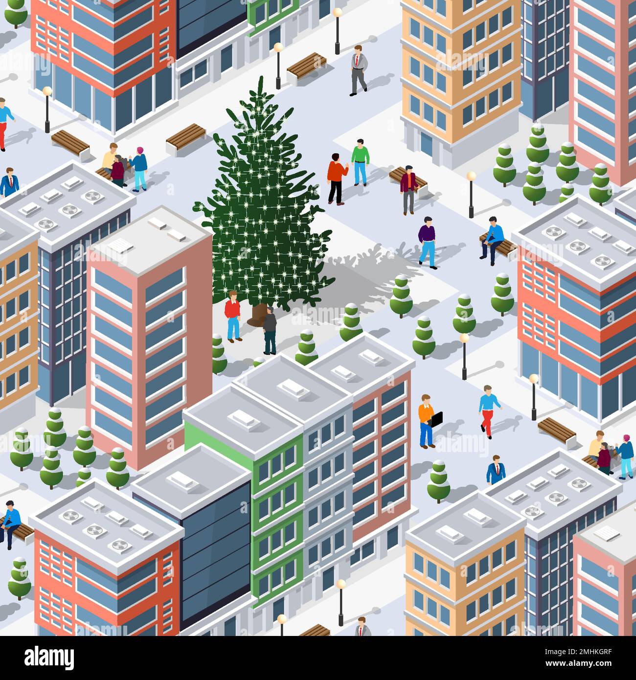 An isometric 3D illustration of a winter city, comprising houses ...