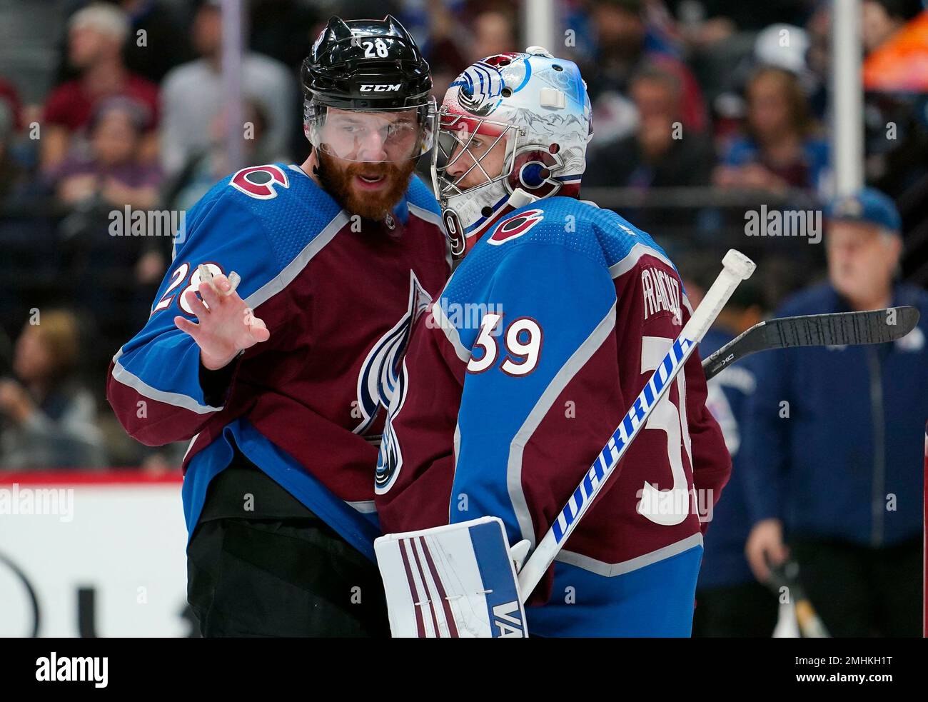 Colorado Avalanche defenseman Ian Cole (28) talks with goal tender ...