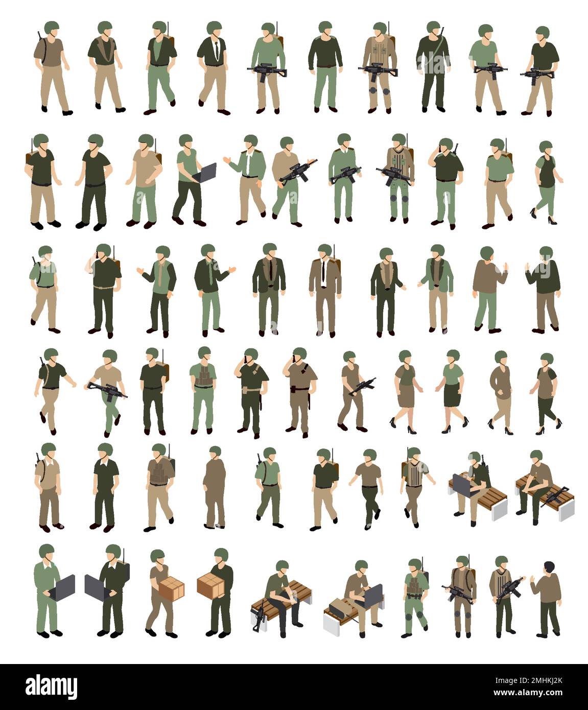 A set of human military soldiers army camouflage people ammunition ...