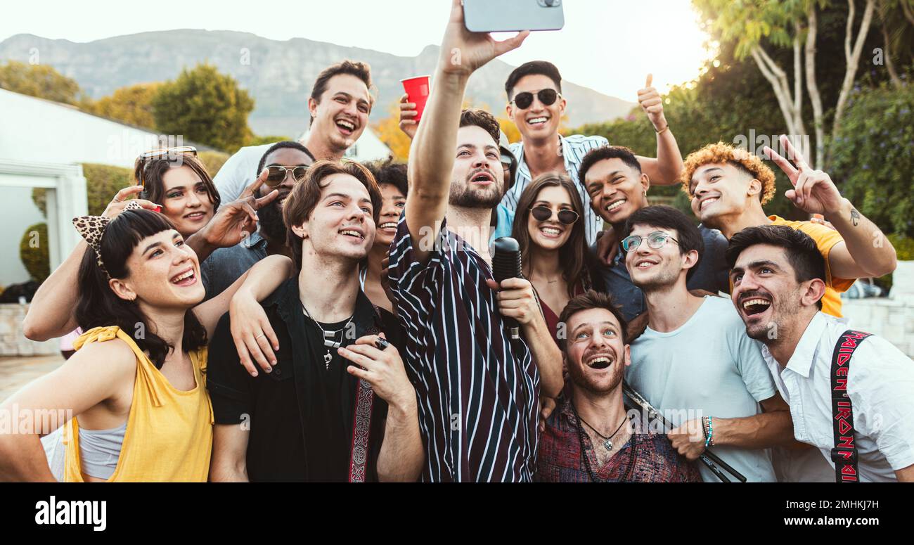 party, selfie and group of people or friends on social media, summer ...