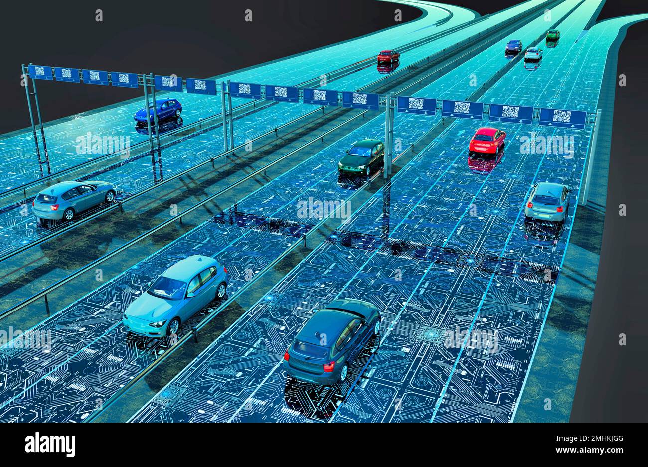 Futuristic Technology Concept: Autonomous cars on the digital Road with ...