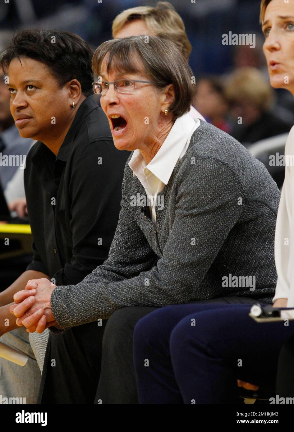 Stanford head coach Tara Vanderveer reacts during the first half of an NCAA college basketball ...