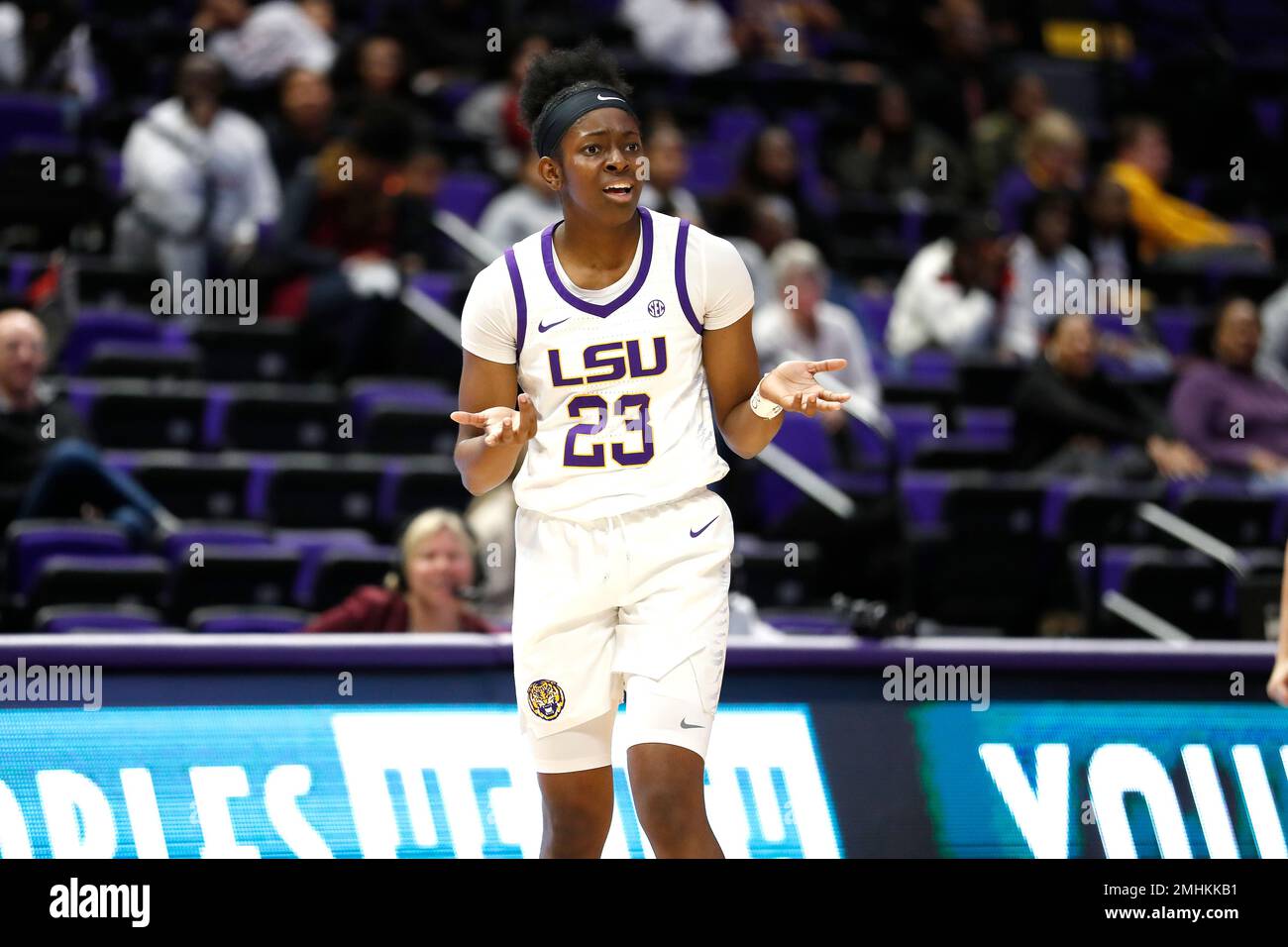 LSU guard Karli Seay (23) reacts to a call during an NCAA women's ...
