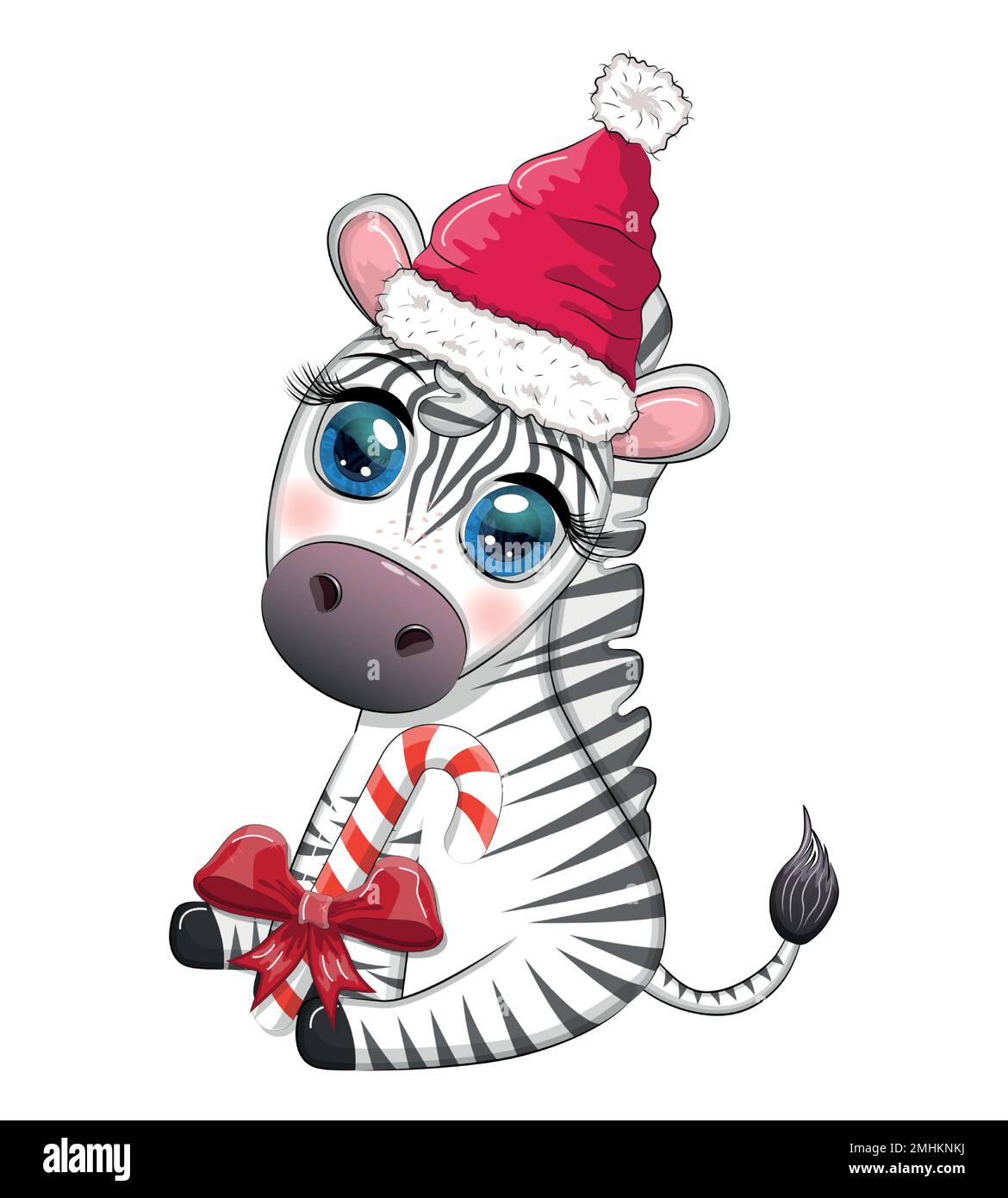 Cute zebra in red santa hat with christmas ball, candy kane, gift ...