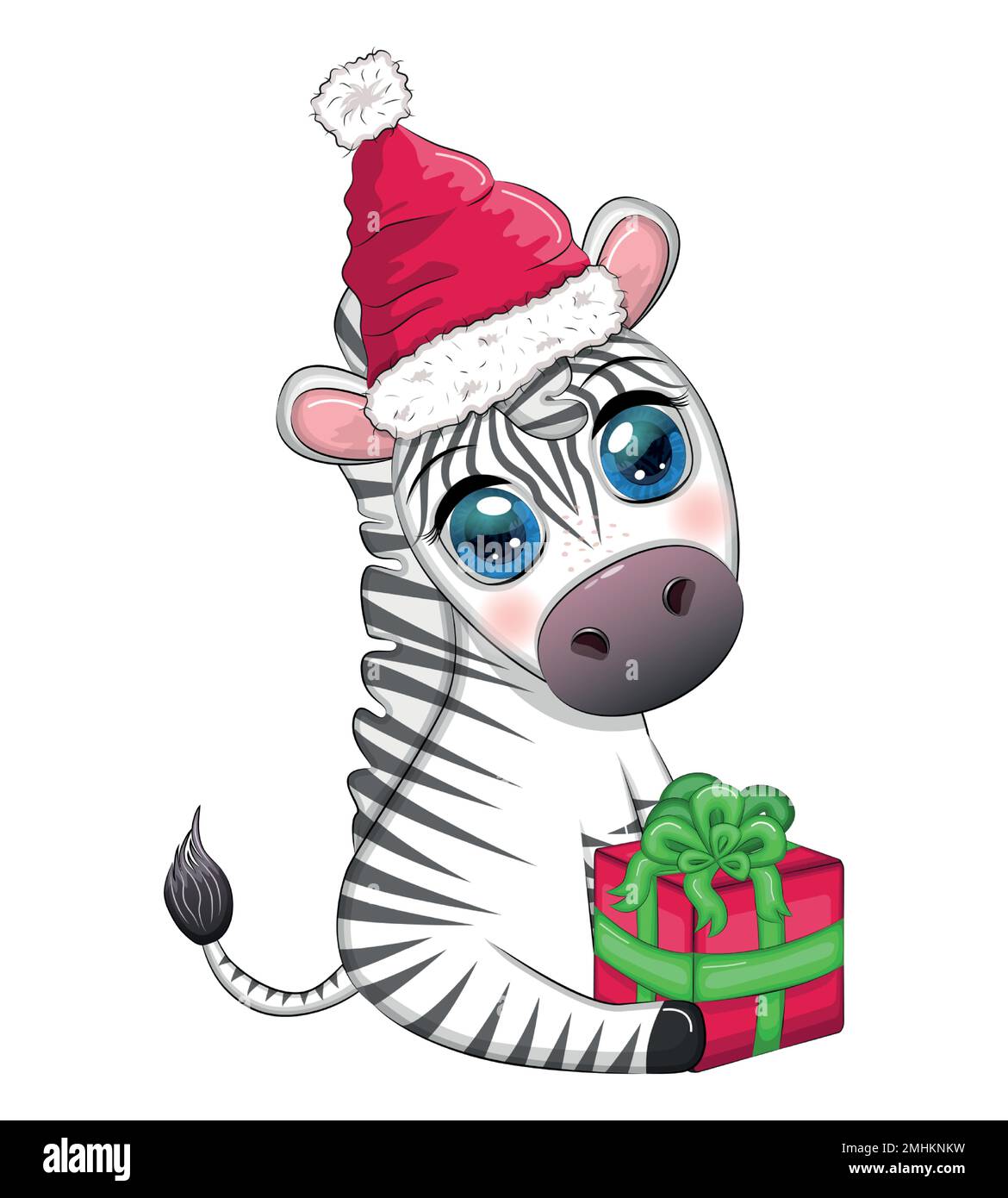 Cute zebra in red santa hat with christmas ball, candy kane, gift ...