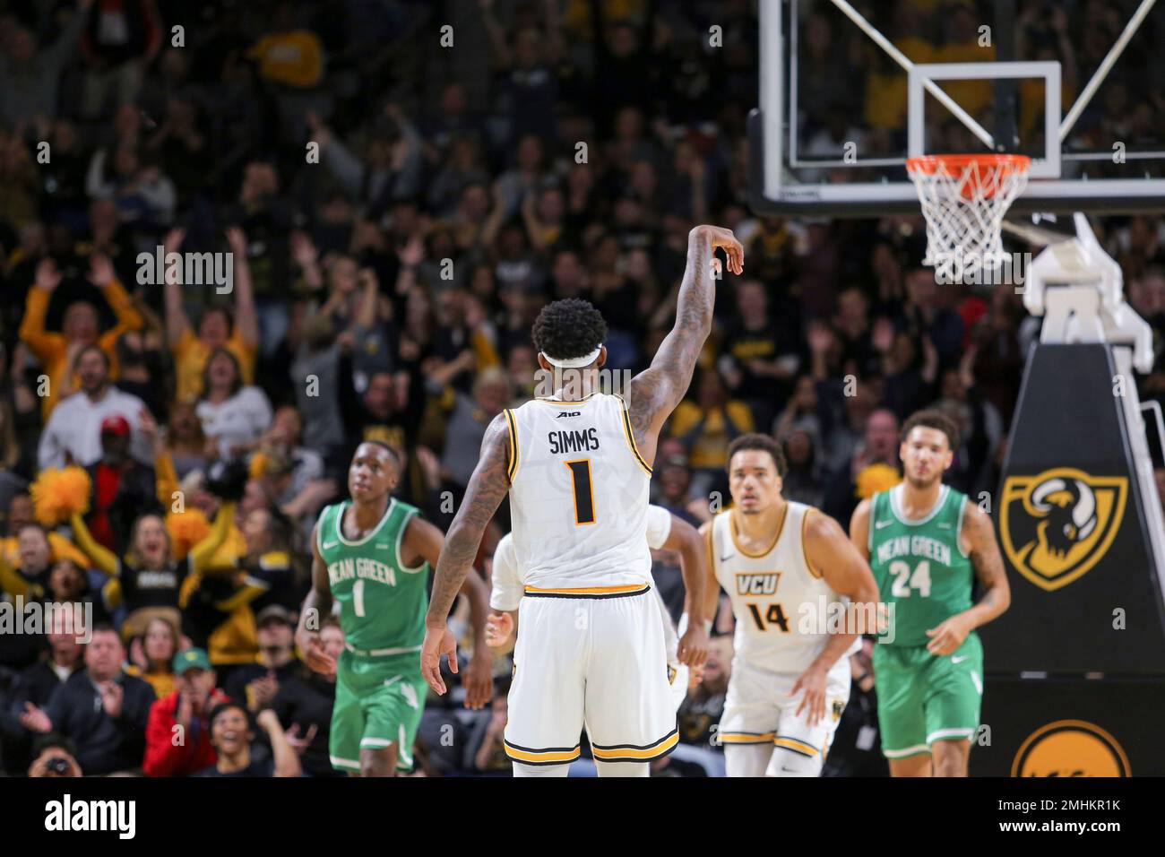 Virginia Commonwealth's Mike'L Simms (1) reacts after making a 3-point ...