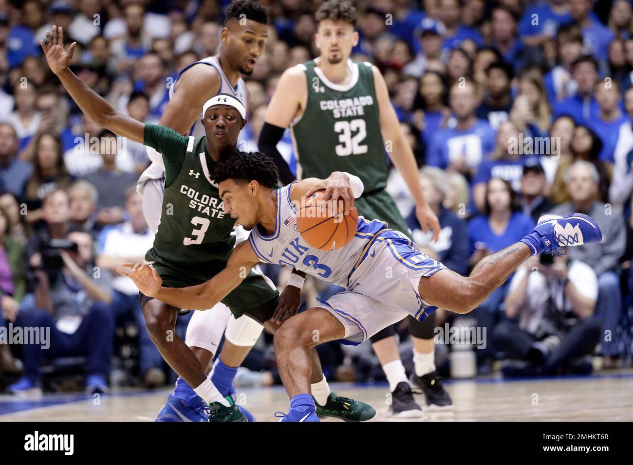 Colorado State guard Kendle Moore (3) defends Duke guard Tre Jones (3 ...