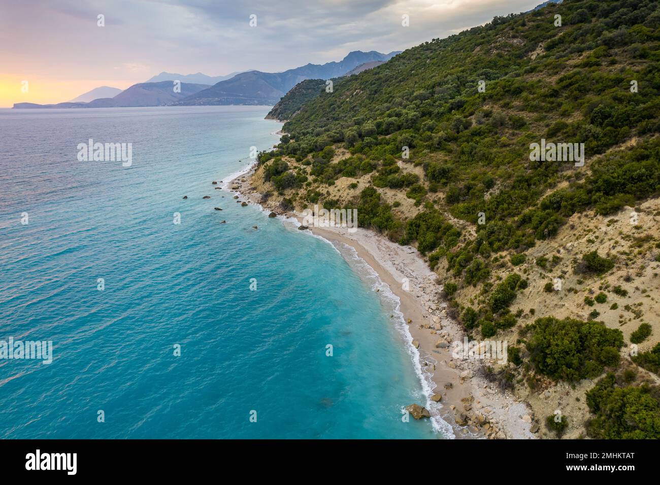 Aerial view of green shore with huge rocks by Bunec Beach area in ...