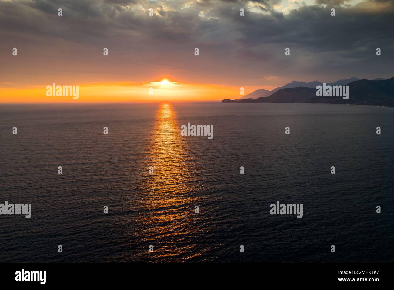 Aerial view of sunset of Bunec Beach area in Summer 2022, Albania Stock ...