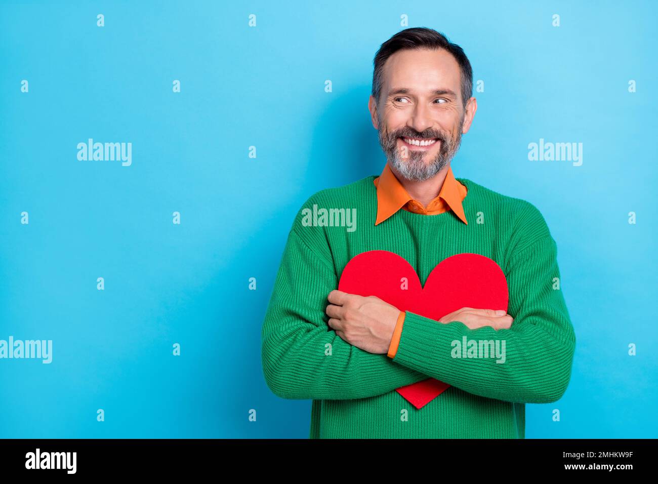 Photo of middle age macho man brunet hair green pullover with shirt ...