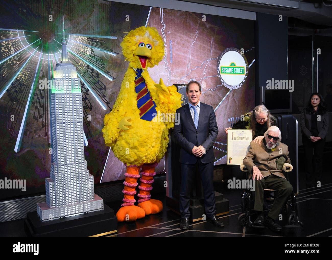Sesame Street's Big Bird, Sesame Workshop president of media & education and CEO Steve Youngwood ...