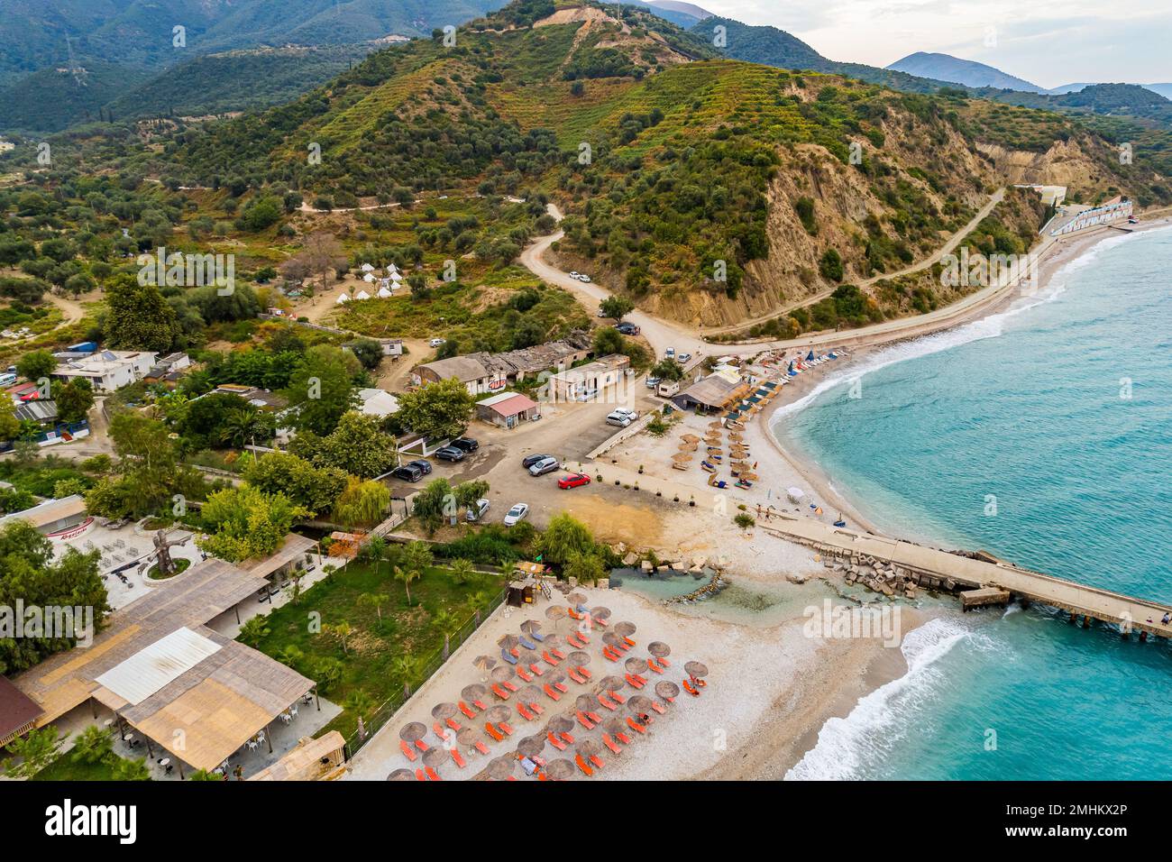 Aerial view of Bunec Beach area with concrete pier in Summer 2022 ...