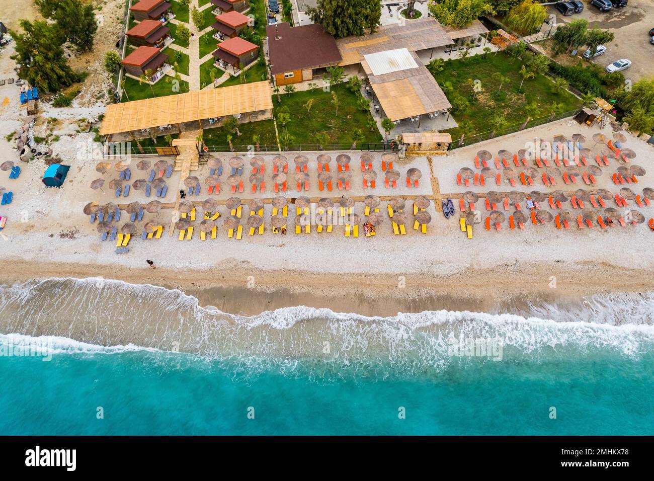 Aerial view of Bunec Beach area with beach umbrellas in Summer 2022 ...