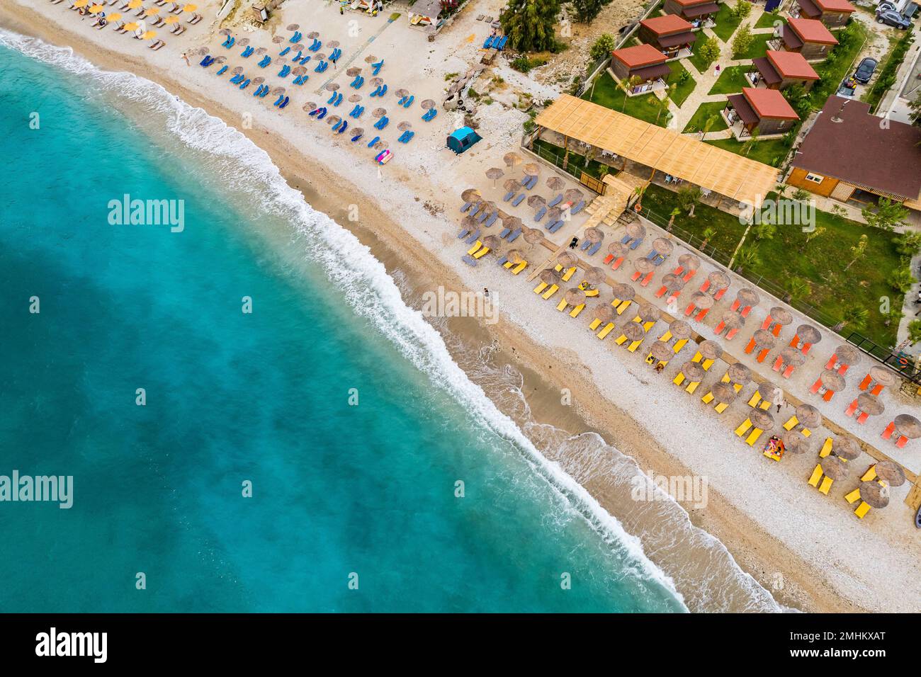 Aerial view of Bunec Beach area with beach umbrellas in Summer 2022 ...