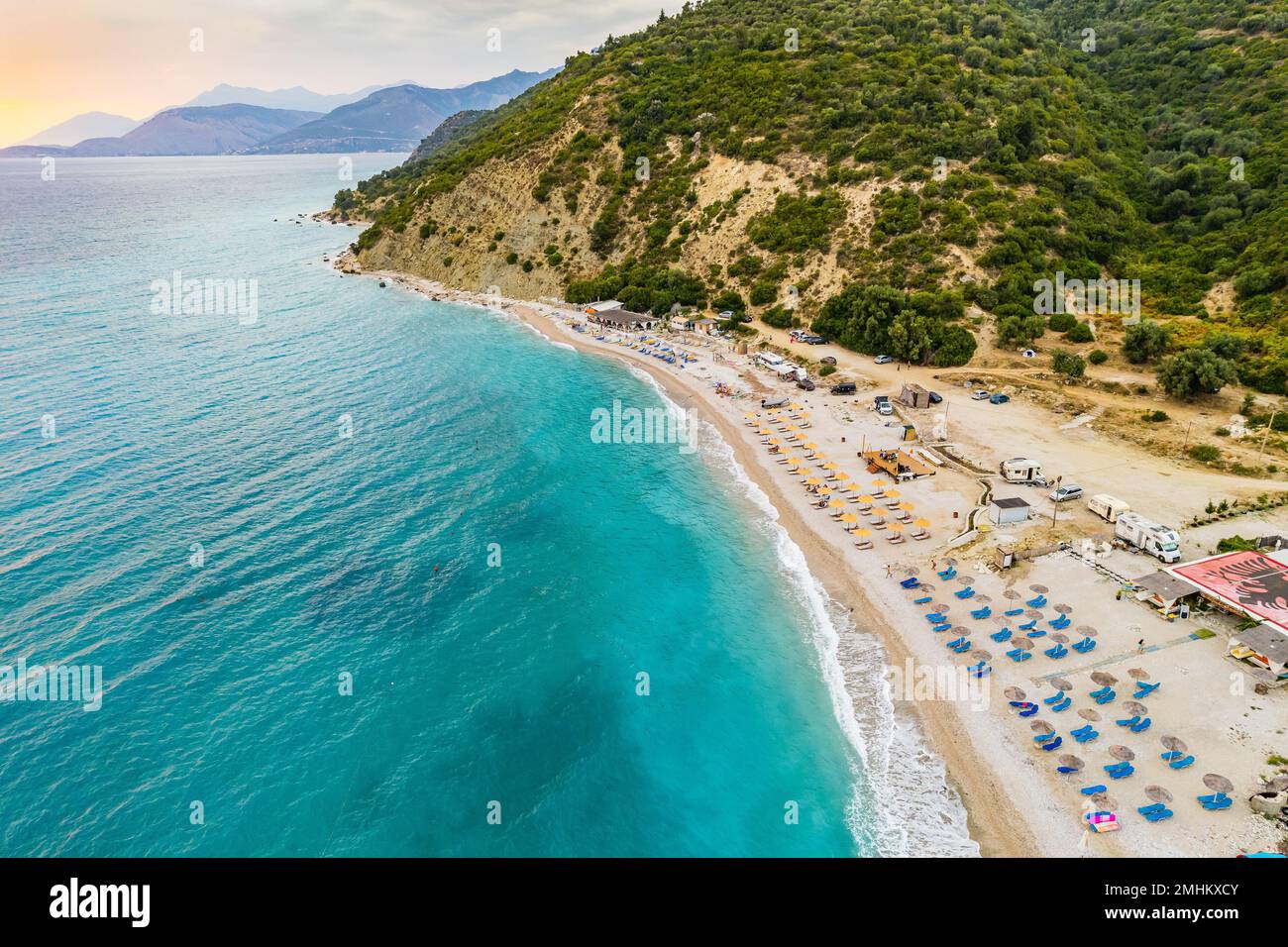 Aerial view of Bunec Beach area with beach umbrellas in Summer 2022 ...
