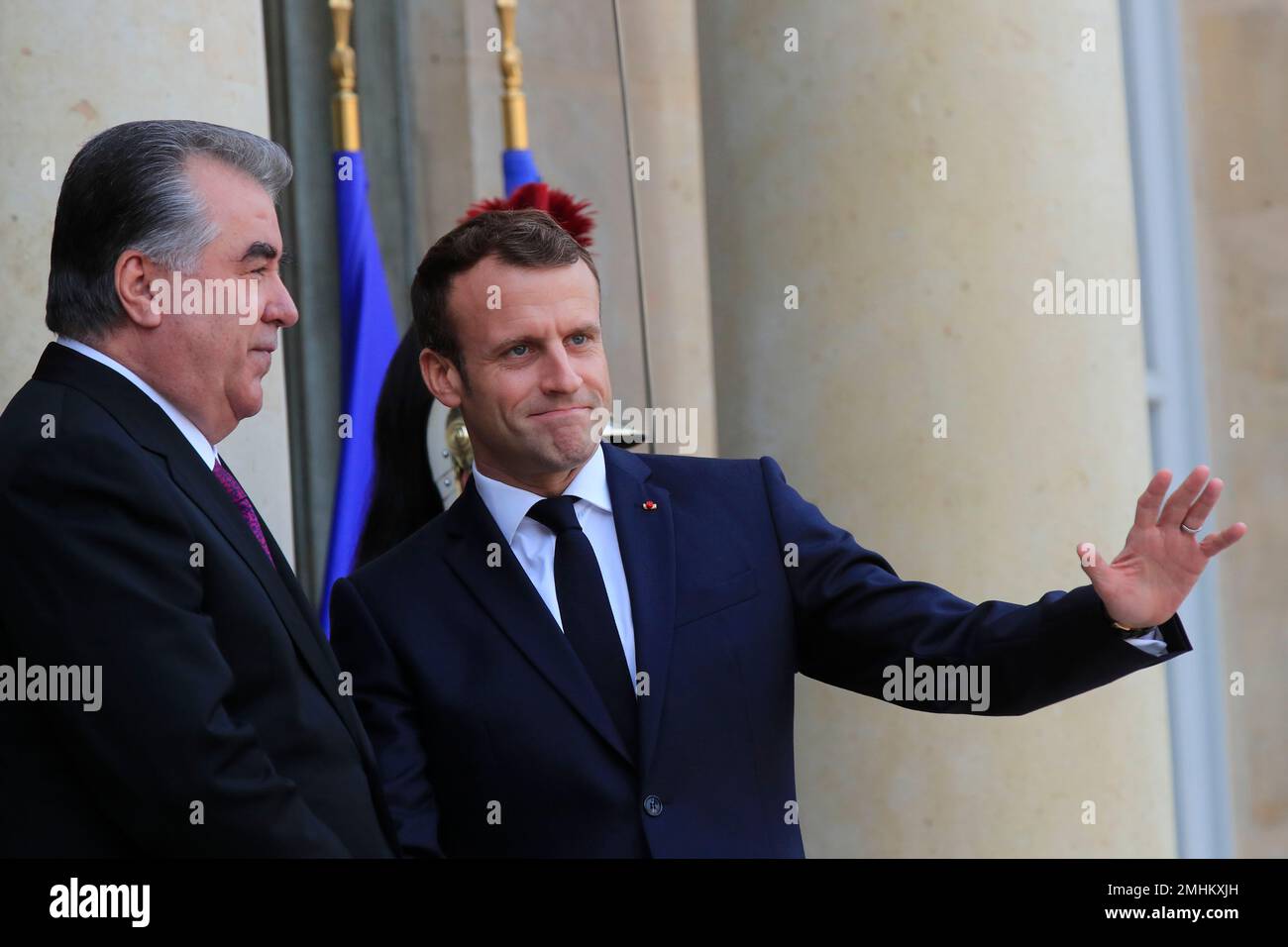 French President Emmanuel Macron, right, welcomes Tajik President ...