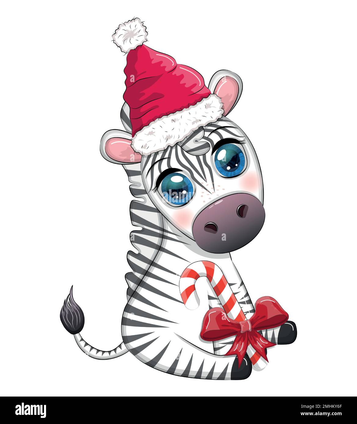 Cute zebra in red santa hat with christmas ball, candy kane, gift ...