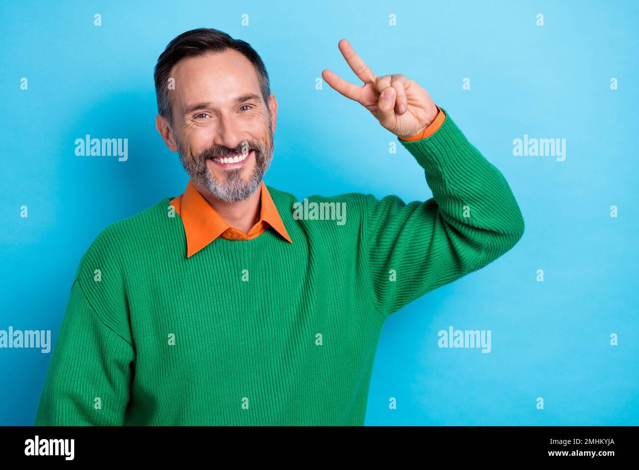 Portrait of satisfied excited person beaming smile hand fingers ...