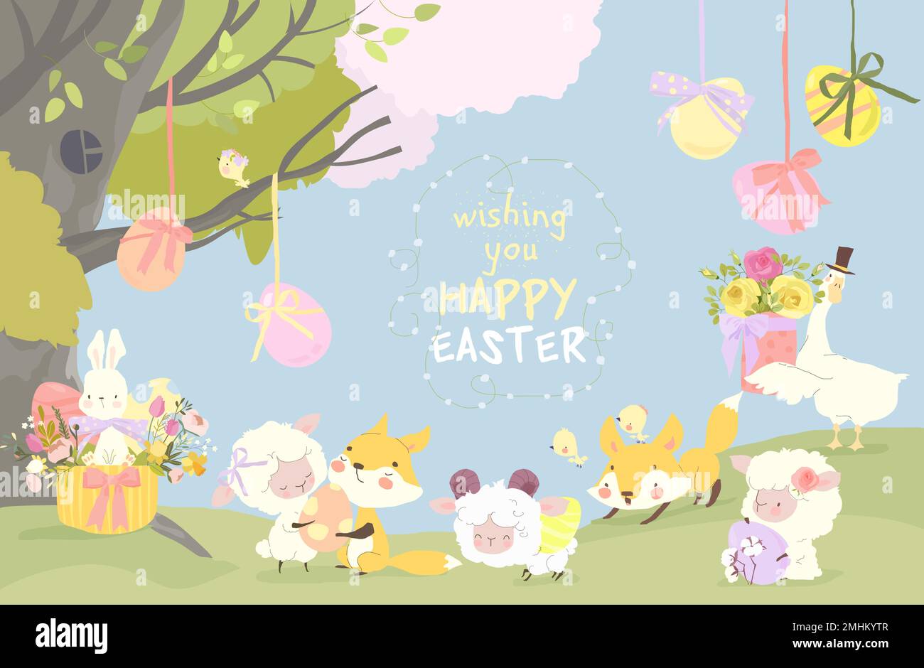 Cute Cartoon Animals celebrating Easter in Spring Forest Stock Vector ...