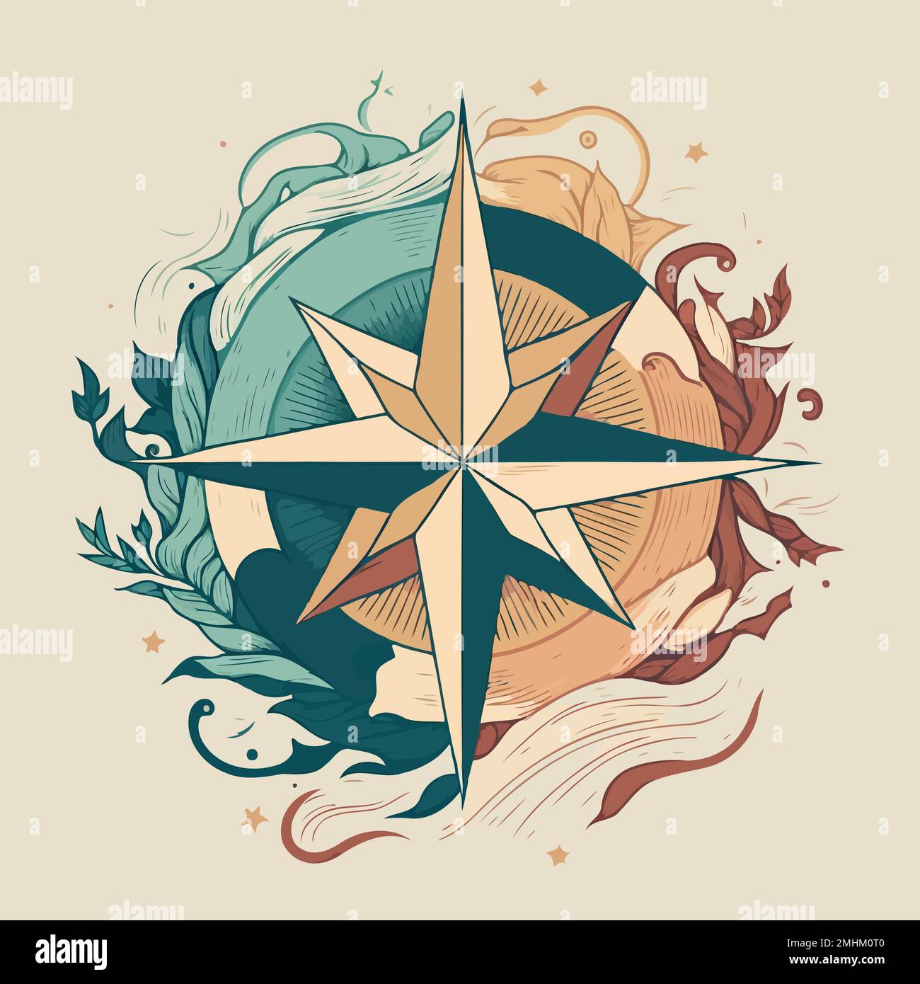 Compass wind rose in stylized and colored lineart illustration style ...