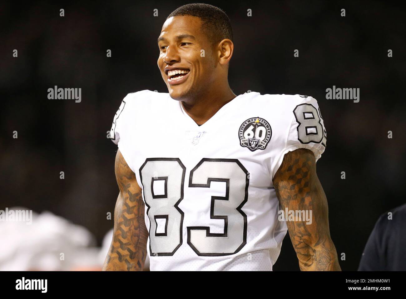 Oakland Raiders tight end Darren Waller (83) smiles during the first ...