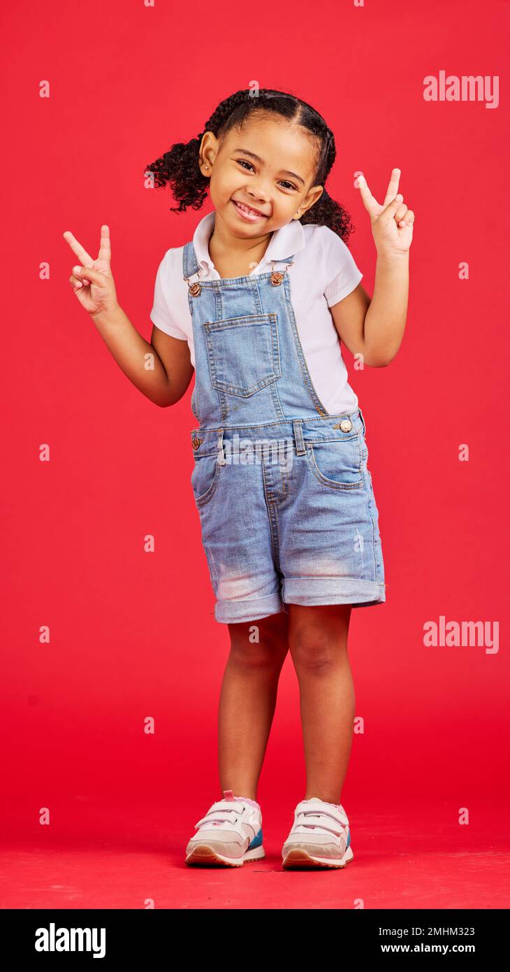Happy, peace sign and smile with portrait of girl for summer, happiness ...