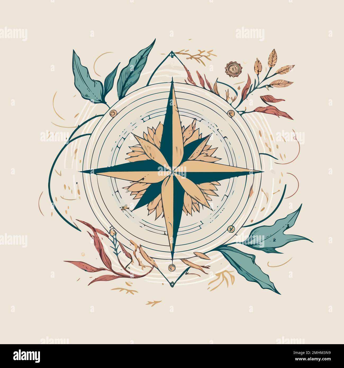 Compass wind rose in stylized and colored lineart illustration style ...
