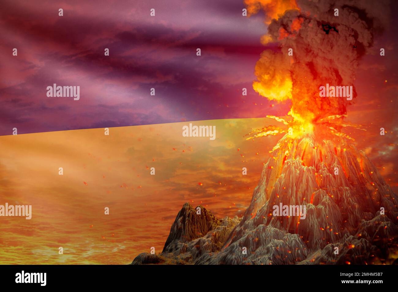 high volcano blast eruption at night with explosion on Ukraine flag ...