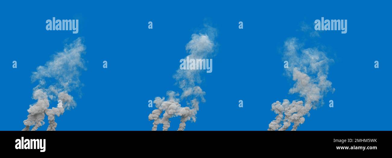3 grey contamination smoke columns from oil power plant on blue ...