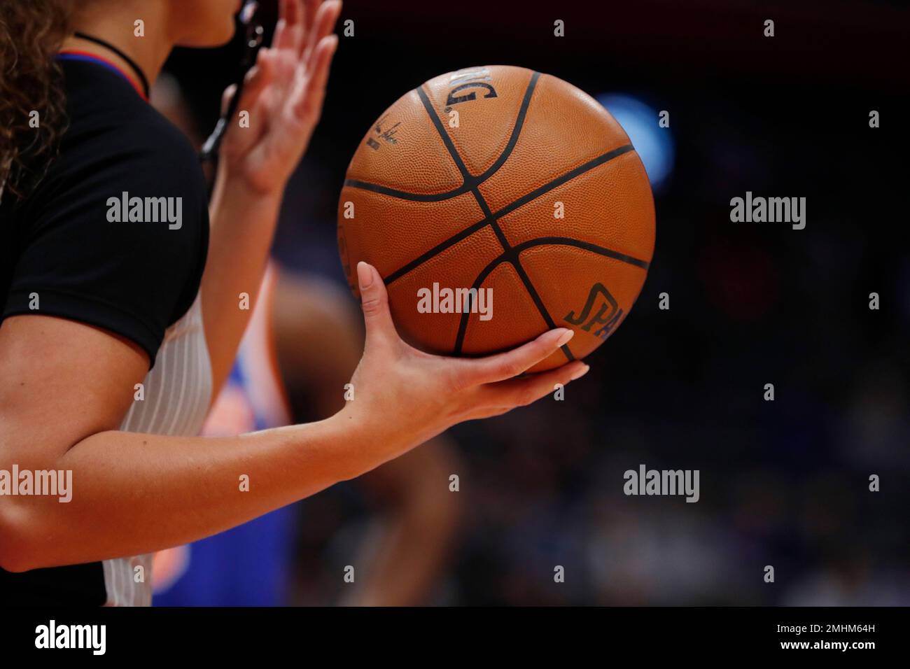 Referee Ashley Moyer-Gleich prepares to put the ball in play during the ...