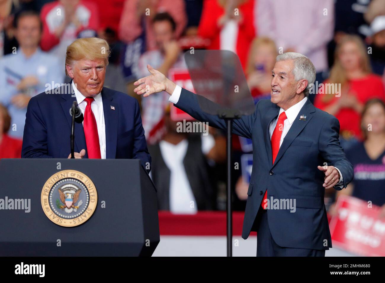 President Donald speaks at a campaign rally with Republican ...