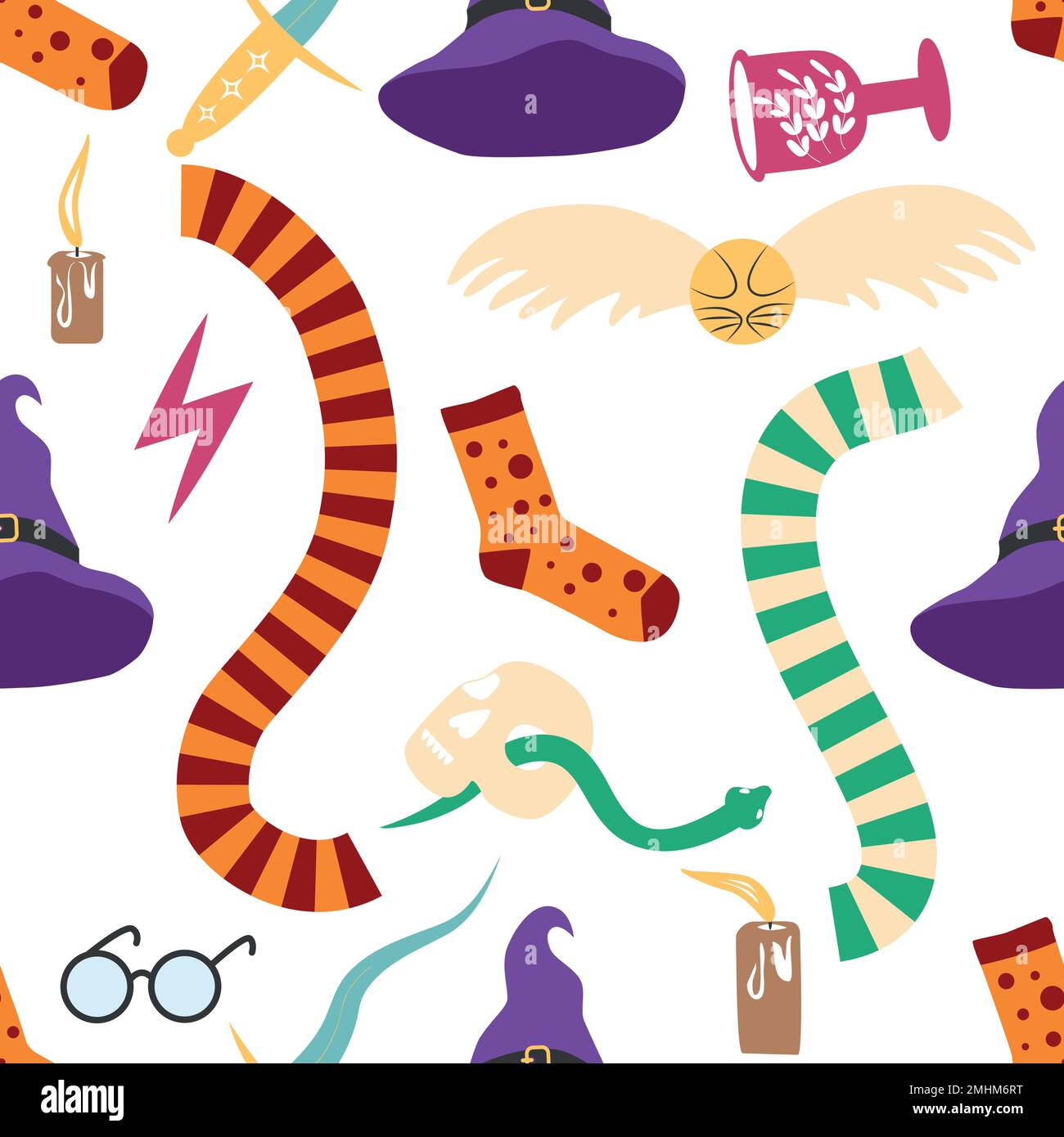 Witches school of magical objects seamless pattern in flat style. Broom ...