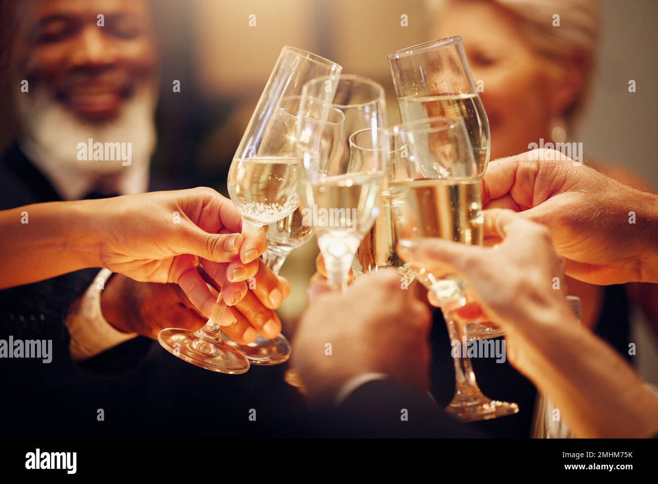 Success, people and dinner with toast, champagne and elegant team ...