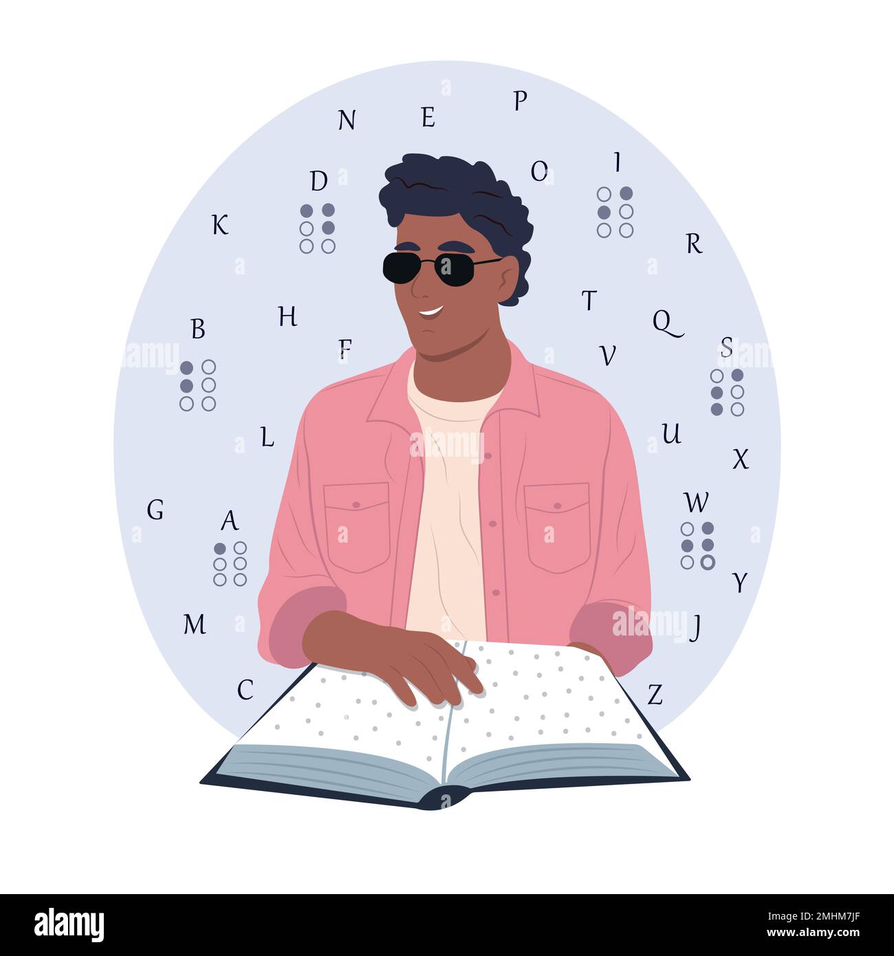 Young black smiling blind man wearing glasses reads something in ...