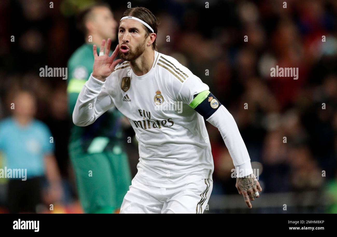 Real Madrid's Sergio Ramos celebrates after scoring his side's third ...