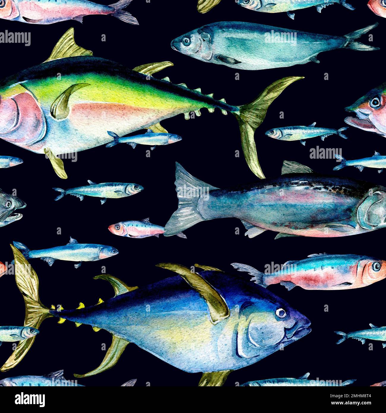 Various wild sea fish seamless pattern watercolor illustration isolated ...