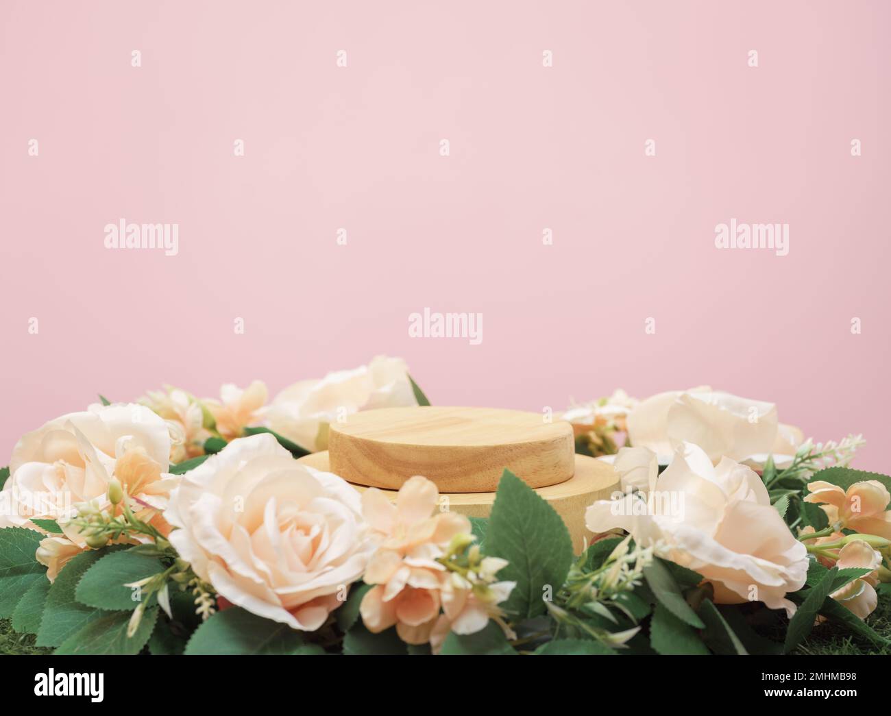 empty wooden podium beige rose bouquet flowers decoration on pink ...