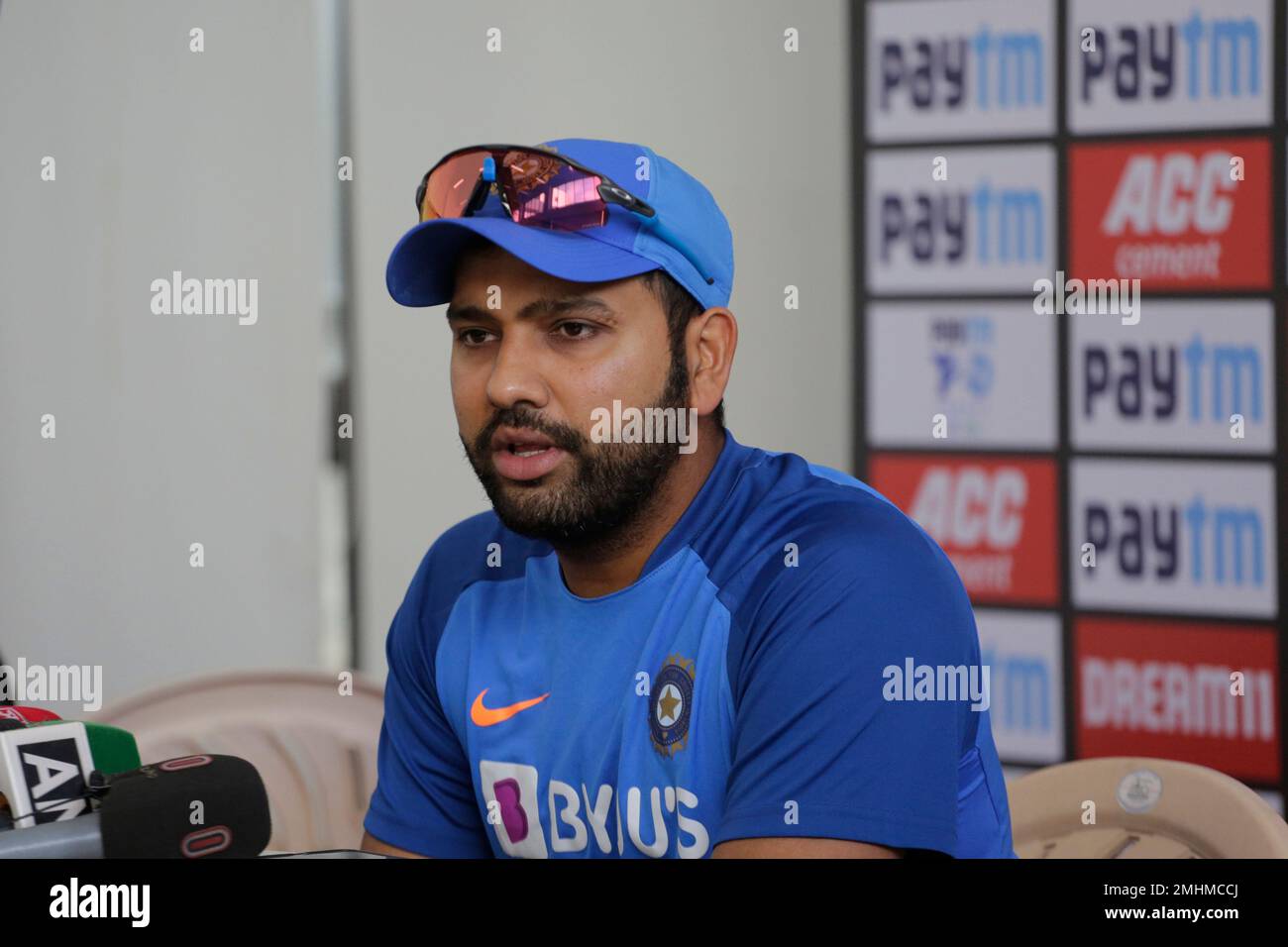 Indian captain Rohit Sharma speaks during a press conference ahead of ...