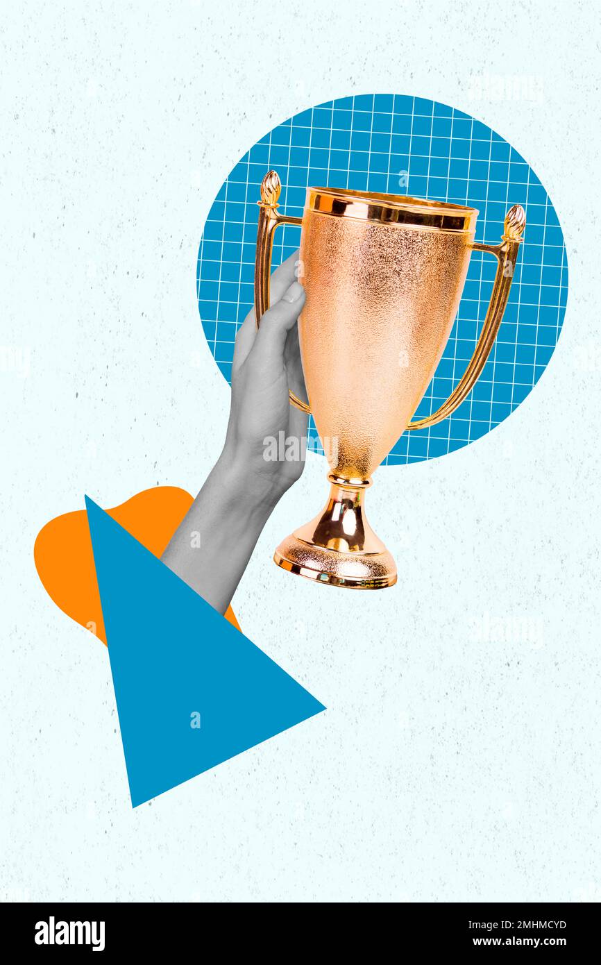 Creative banner mockup collage of person winner get first place trophy ...