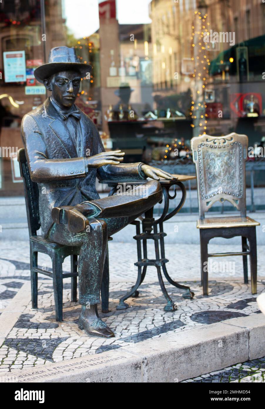 Bronze statue portraits of the poet Fernando Pessoa in Lisbon Portugal ...