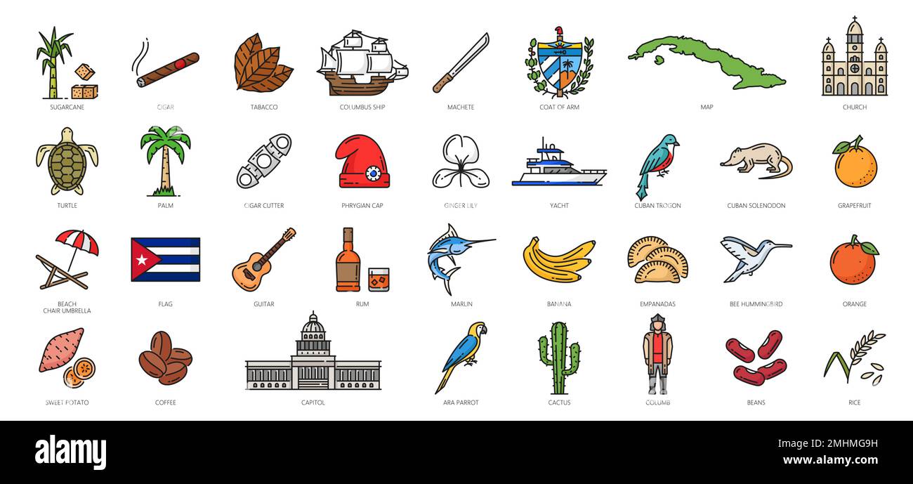 Cuba outline icons, Havana travel landmarks and tourism attractions ...