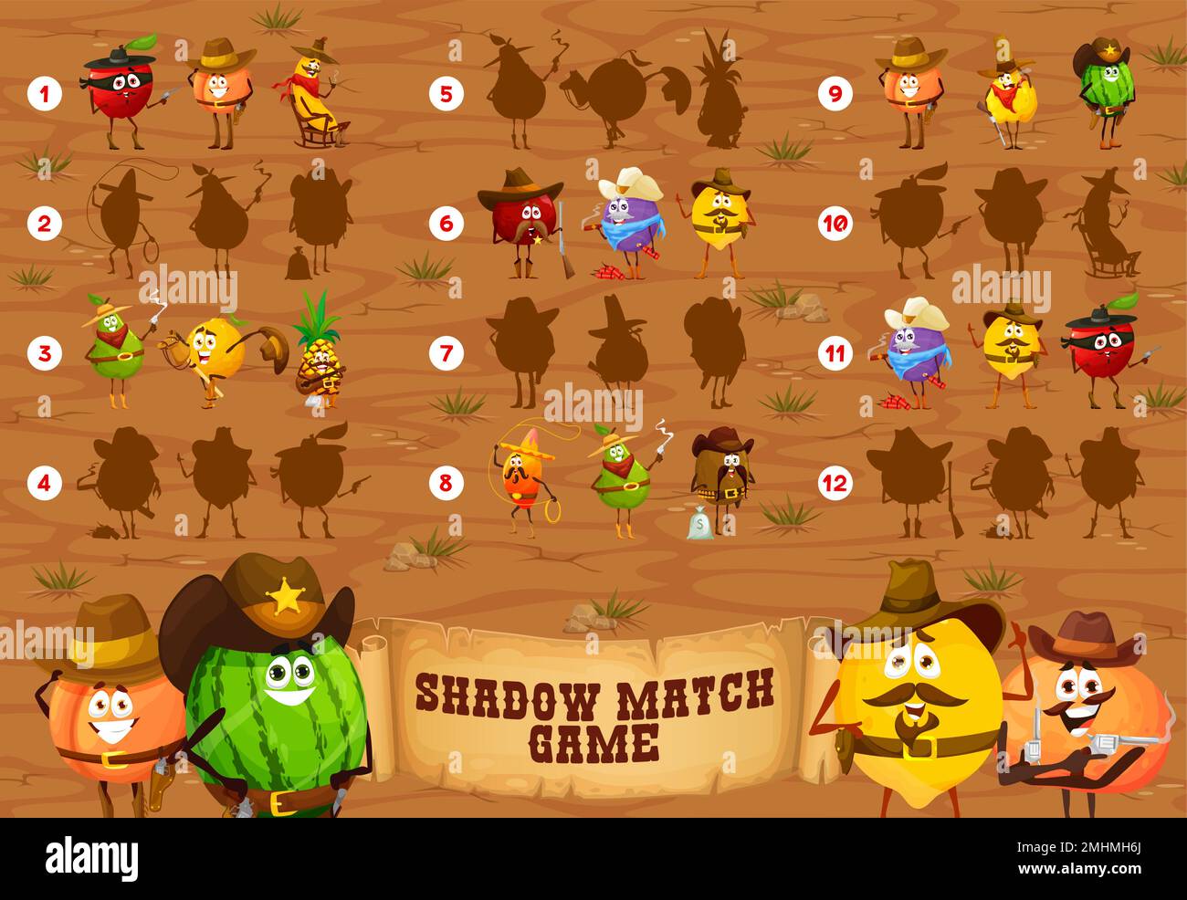 Shadow matching game, cartoon fruit cowboy, ranger, sheriff and robber ...