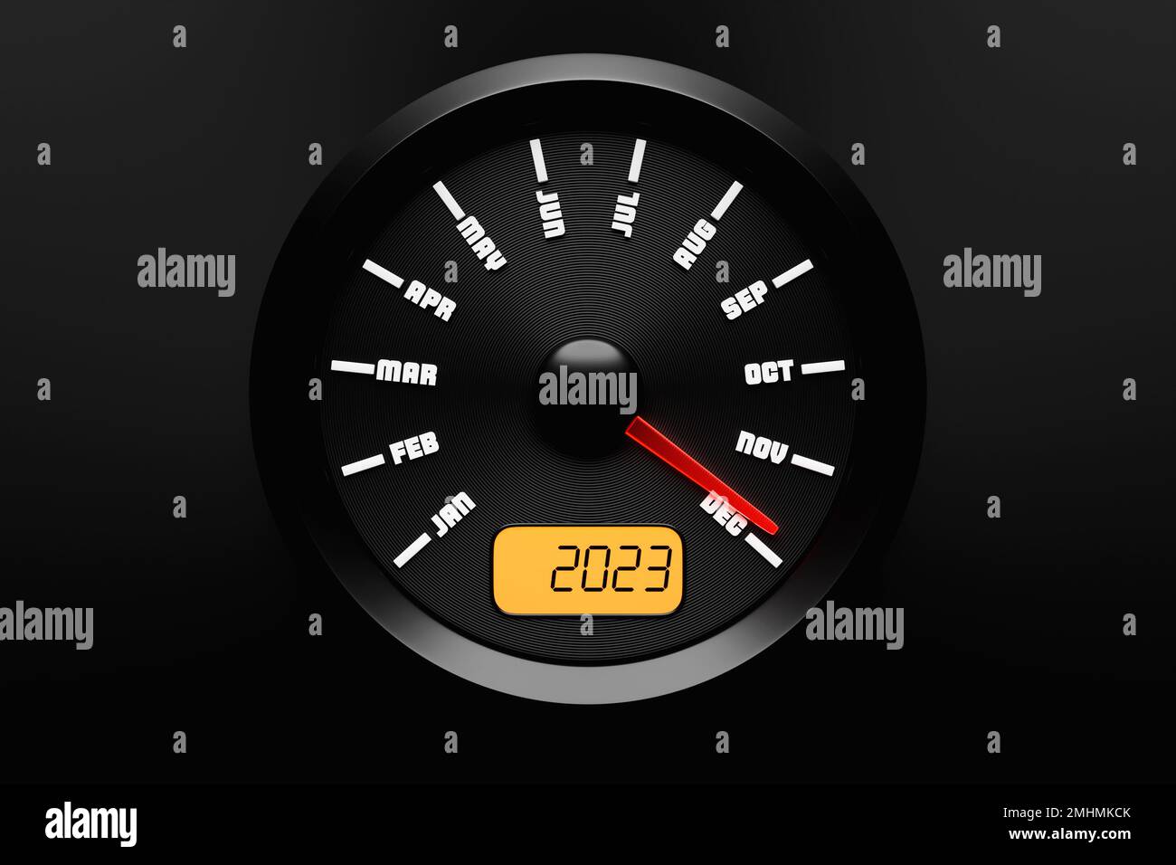 3D illustration close up black speedometer with cutoffs 2022,2023. The ...