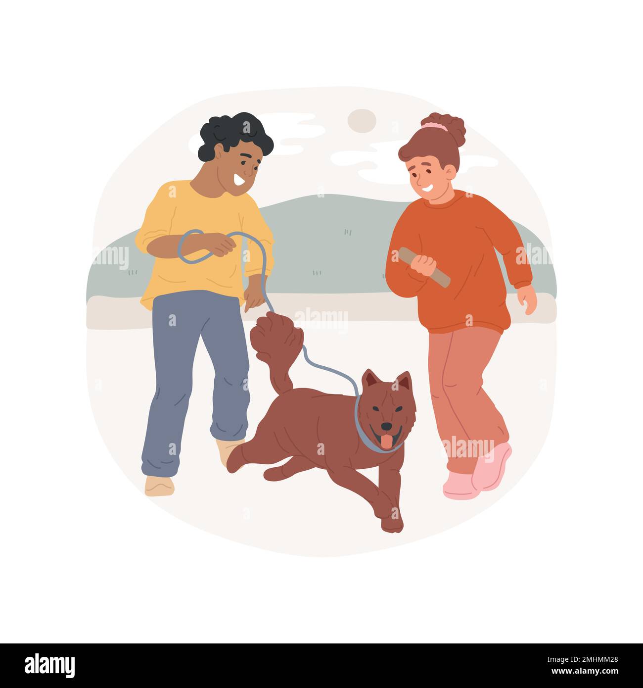Dog walk isolated cartoon vector illustration. Happy kids with a pet on ...