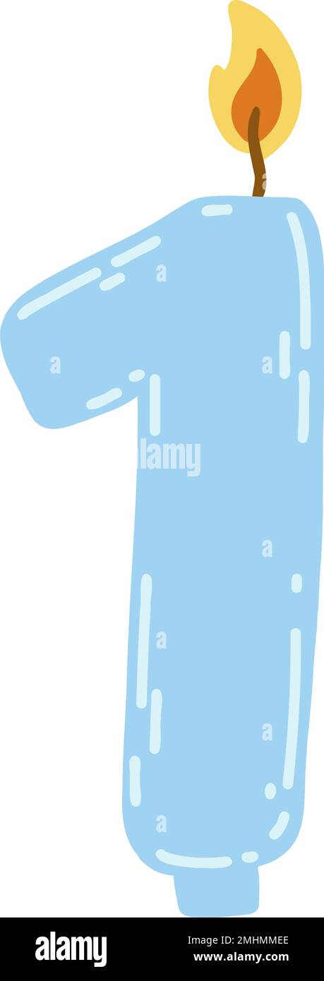 Candle number one in flat style. Hand drawn vector illustration of 1 ...