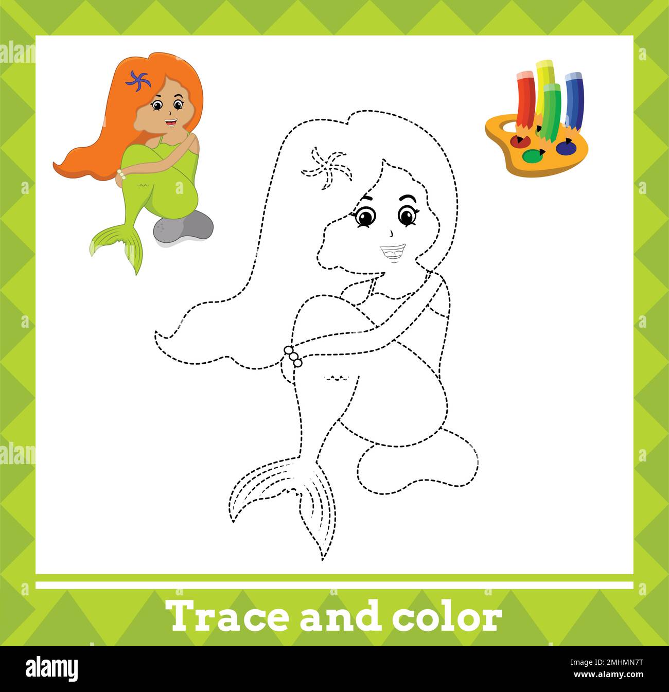 Trace and color for kids, mermaid vector illustration Stock Vector ...