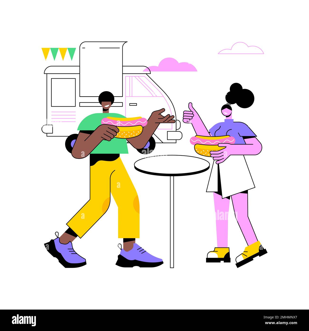 Enjoying the meal isolated cartoon vector illustrations. Couple enjoying delicious street food ...